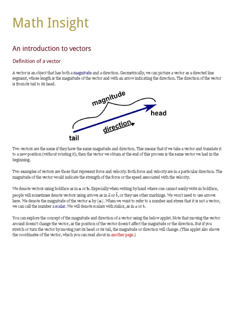An Introduction To Vectors - Math Insight | PDF | Euclidean Vector | Linear Algebra