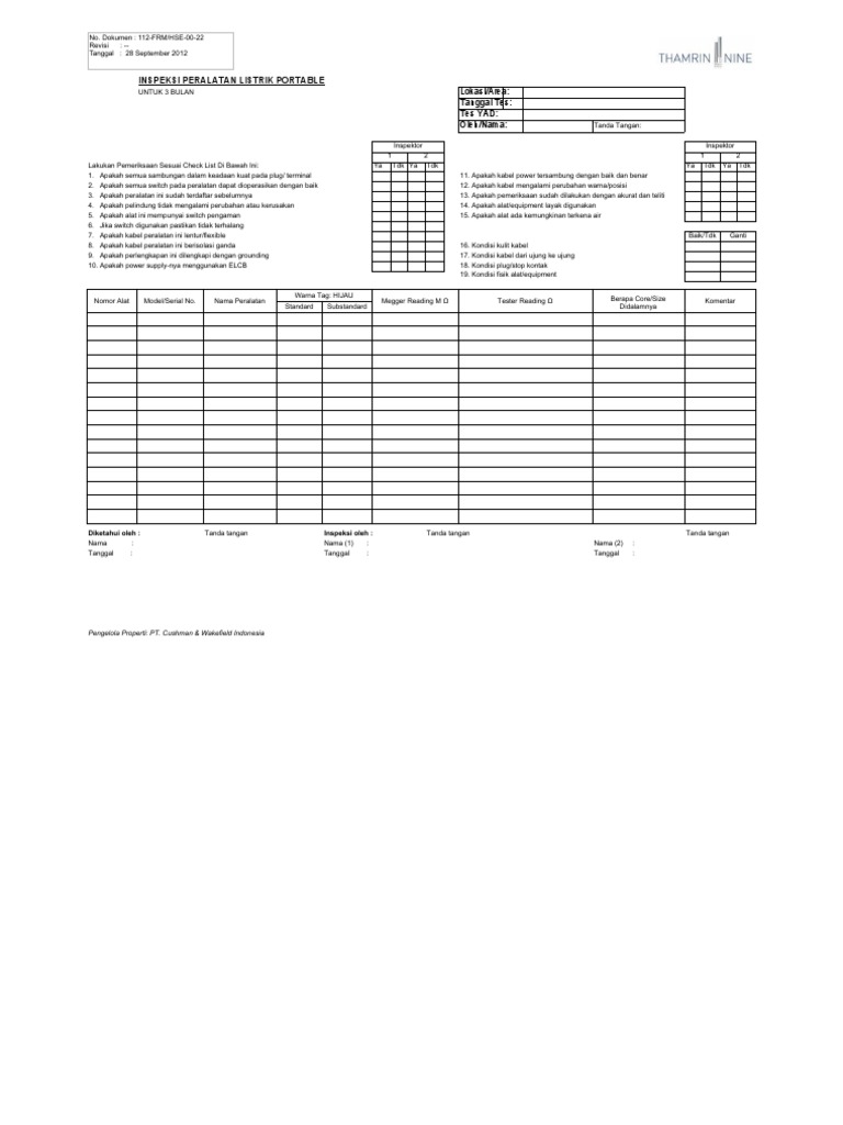 FRM-HSE-00-22 & 23-Checklist Inspeksi Listrik Portable 3 Dan 6 Bulan | PDF