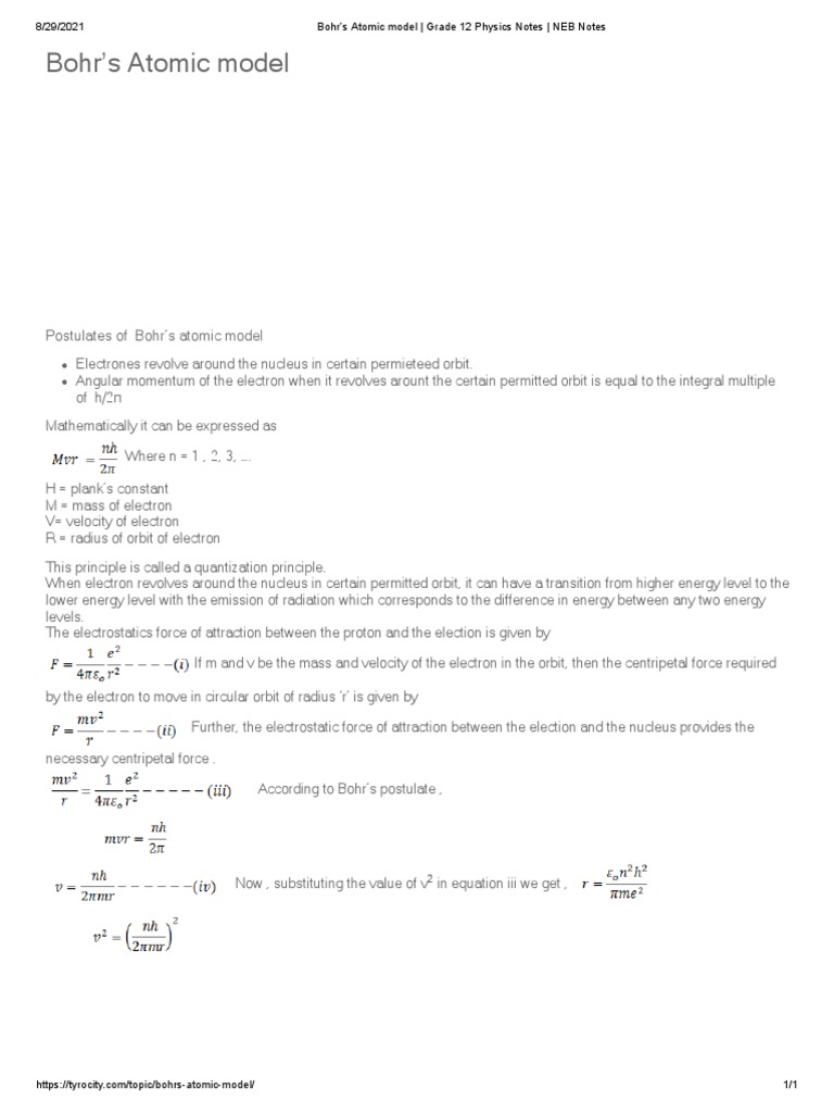 Bohr's Atomic Model - Grade 12 Physics Notes - NEB Notes | PDF