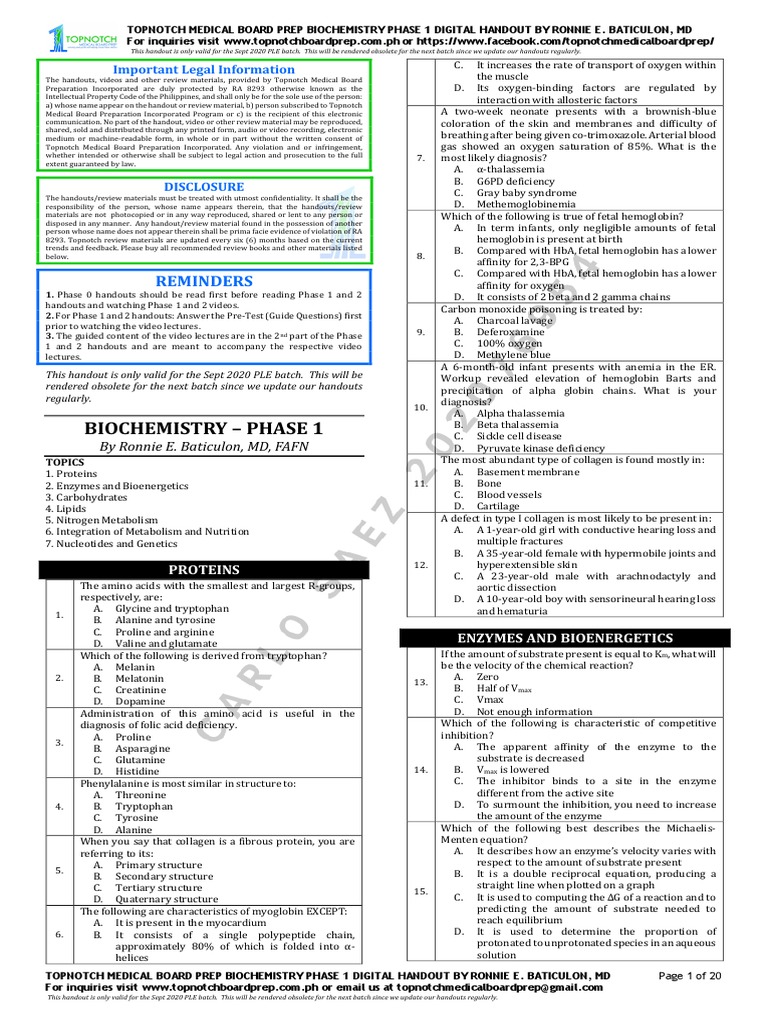 1 - Phase 1 - Biochemistry Handout For Video Lecture 1 Carlo Saez | PDF ...