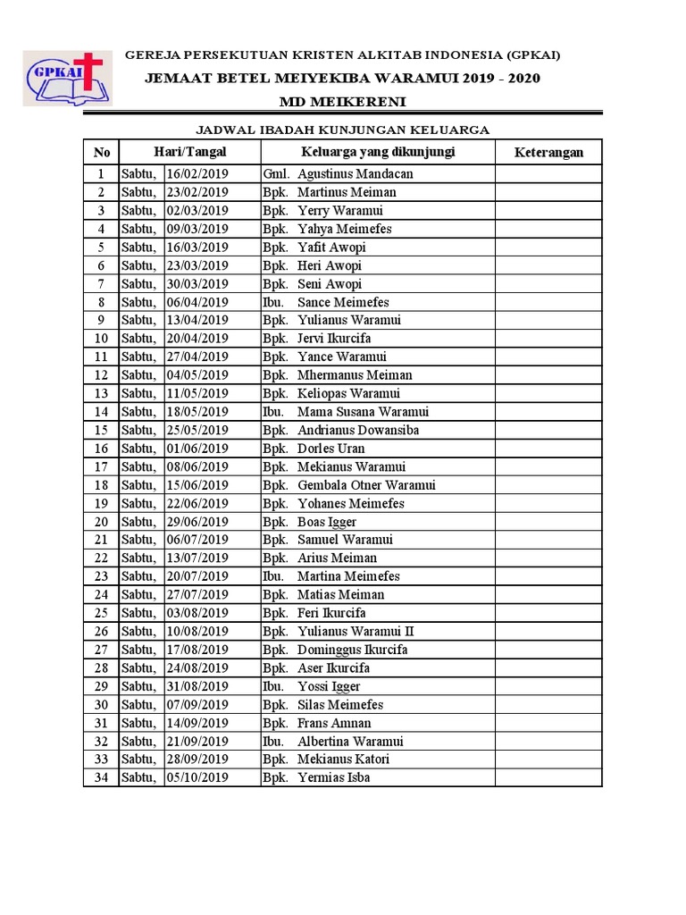 Jadwal Ibadah Kunjungan Keluarga | PDF