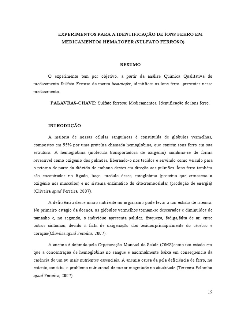 Identificação de Íons Ferro em Hematofer | PDF | Sangue | Hemoglobina
