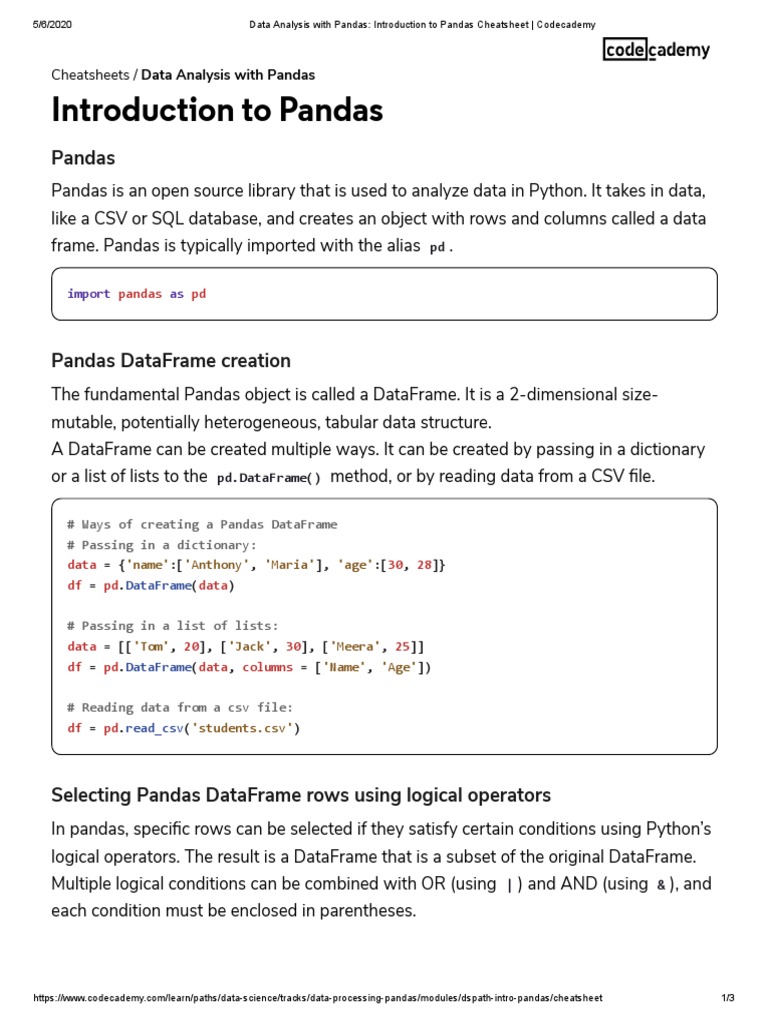 Data Analysis With Pandas - Introduction To Pandas Cheatsheet - Codecademy | PDF | Function ...