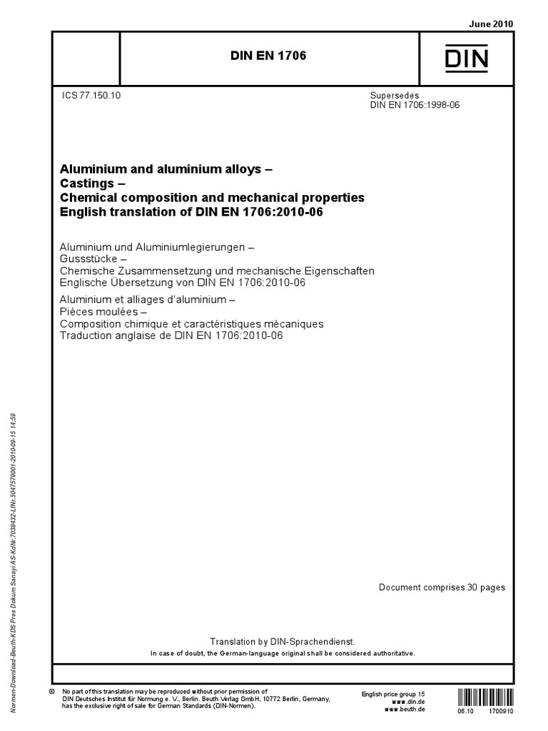DIN EN 1706: June 2010 | PDF | Casting | Metals