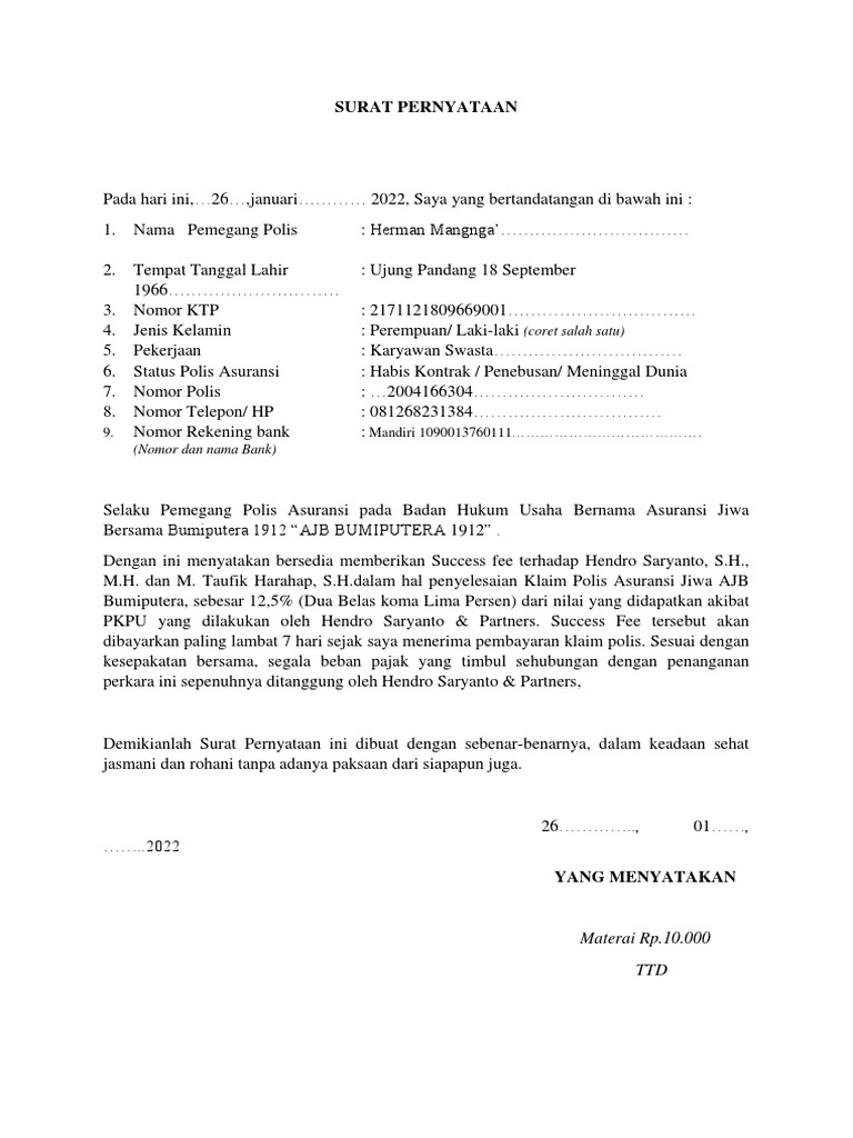 Surat Pernyataan Pkpu | PDF