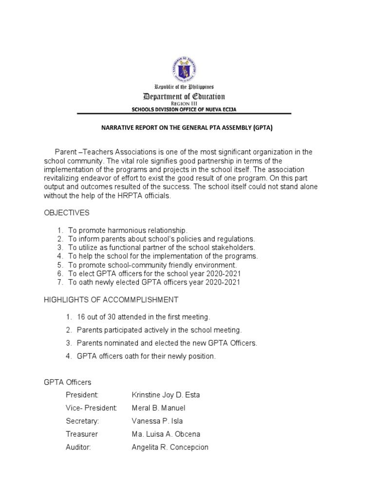 Narrative Report On The General Pta Assembly | PDF