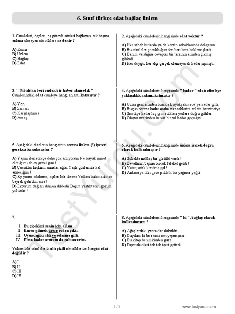6 Sinif Turkce Edat Baglac Unlem | PDF