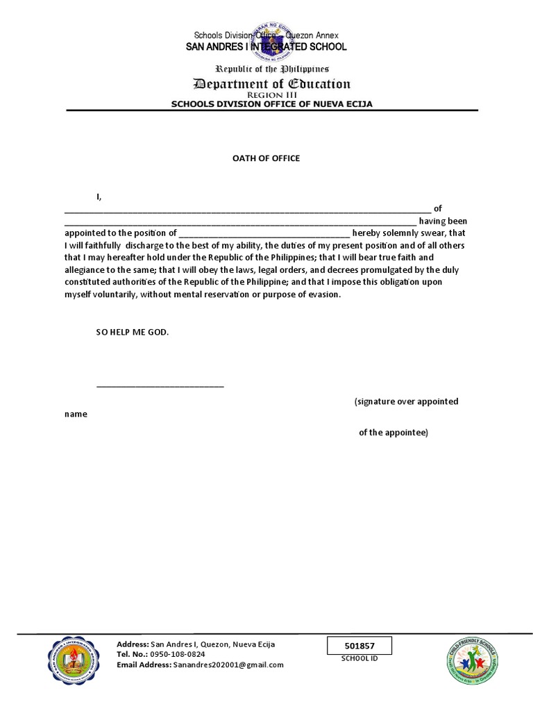 San Andres I Integrated School: Oath of Office | PDF