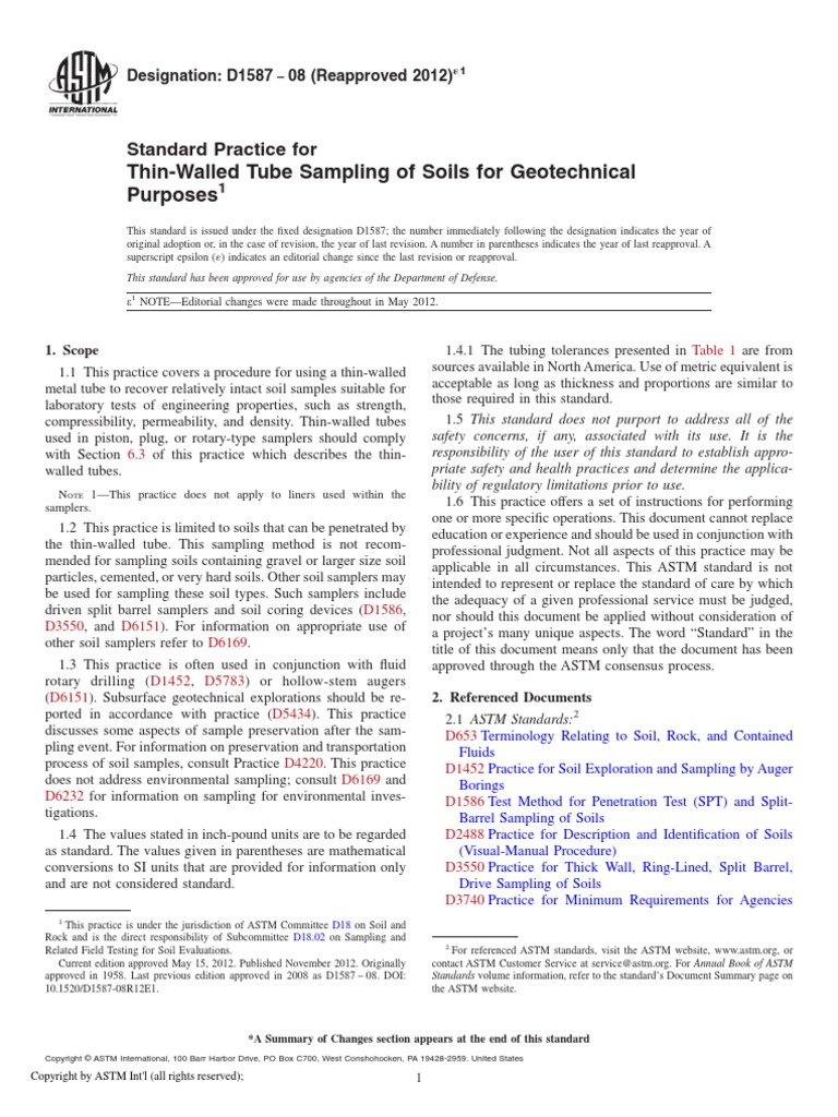 ASTM D1587 08 (Reapproved 2012) - SP For Thin-Walled Tube Sampling of ...
