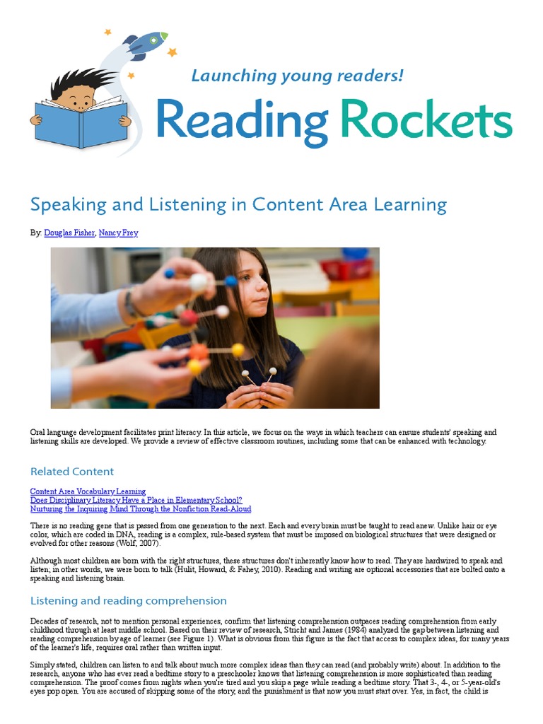 Speaking and Listening in Content Area Learning - Reading Rockets | PDF ...