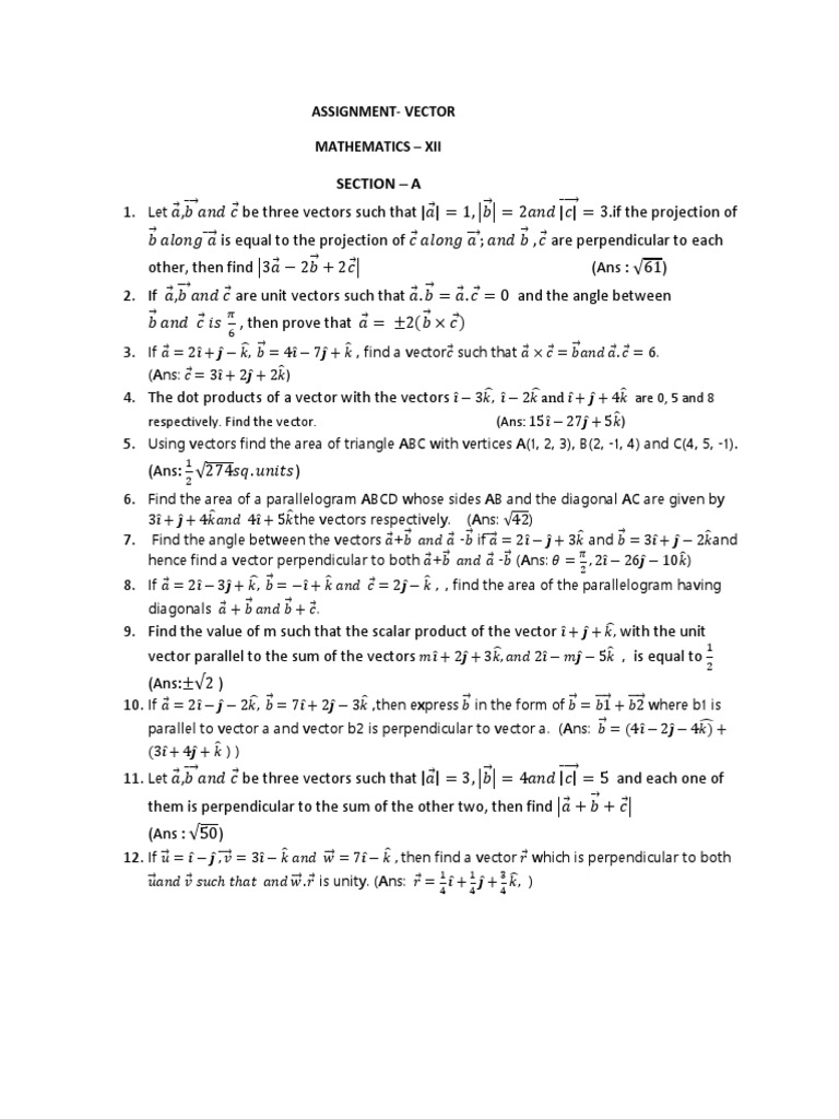 Assignment-Vector Mathematics - Xii | PDF | Euclidean Vector | Area