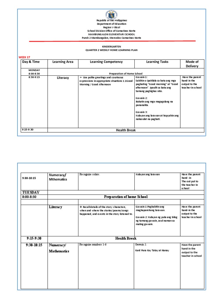 Day & Time Learning Area Learning Competency Learning Tasks Mode of Delivery Literacy ...