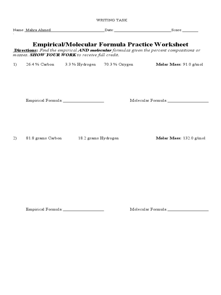 Empirical Formula - Worksheet | PDF