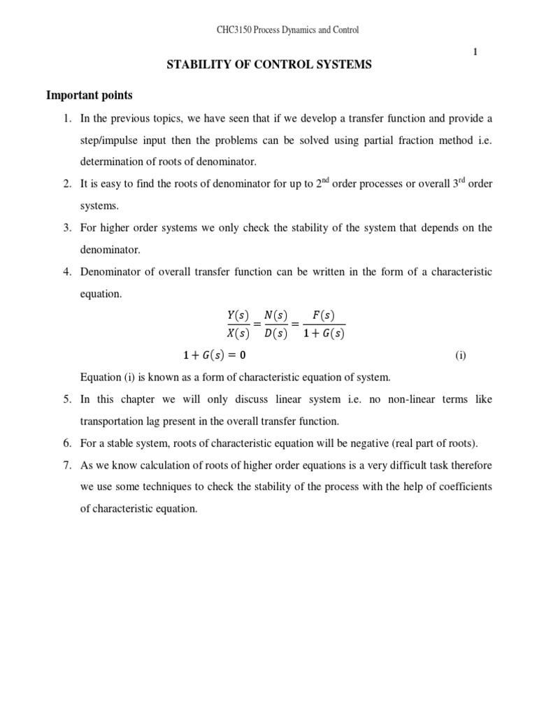 Stability of Control Systems Important Points: CHC3150 Process Dynamics ...