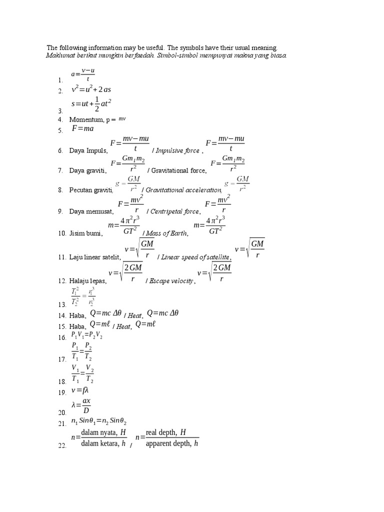 SPM Physics Formula Sheet | PDF | Physics | Mass