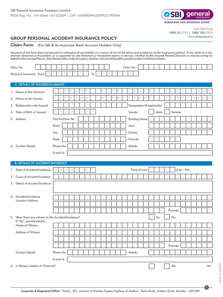 SBI Group Personal Accident Claim Form | PDF | Insurance | Cheque