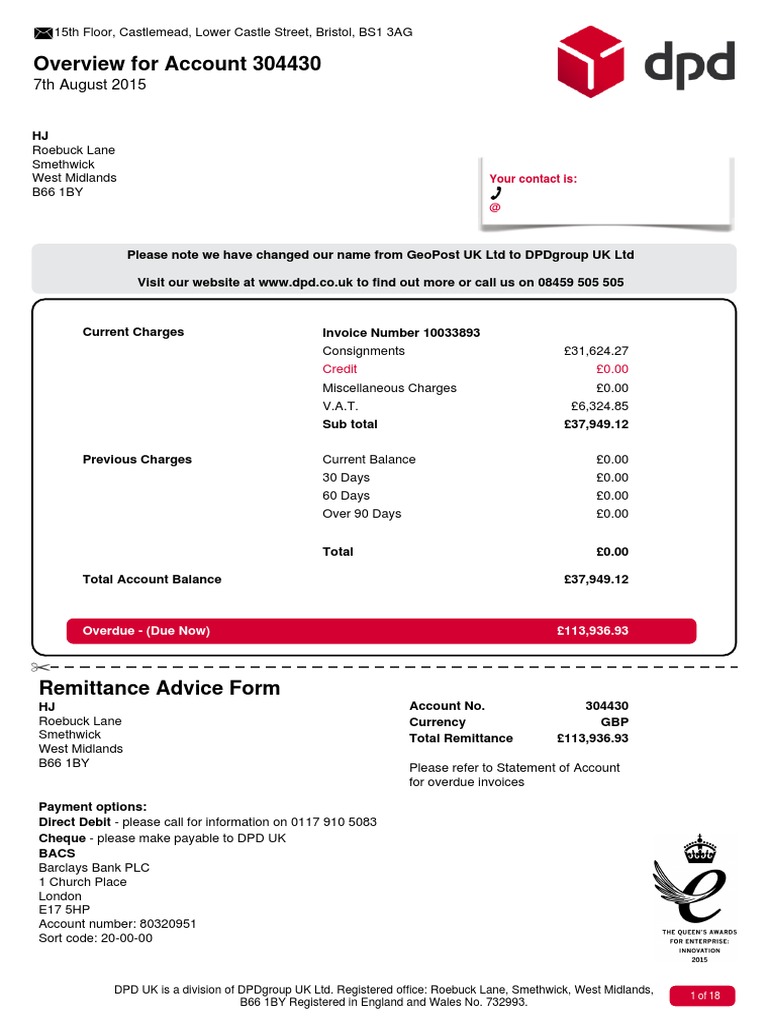 DPD Invoice Sample | PDF | Invoice | Trade
