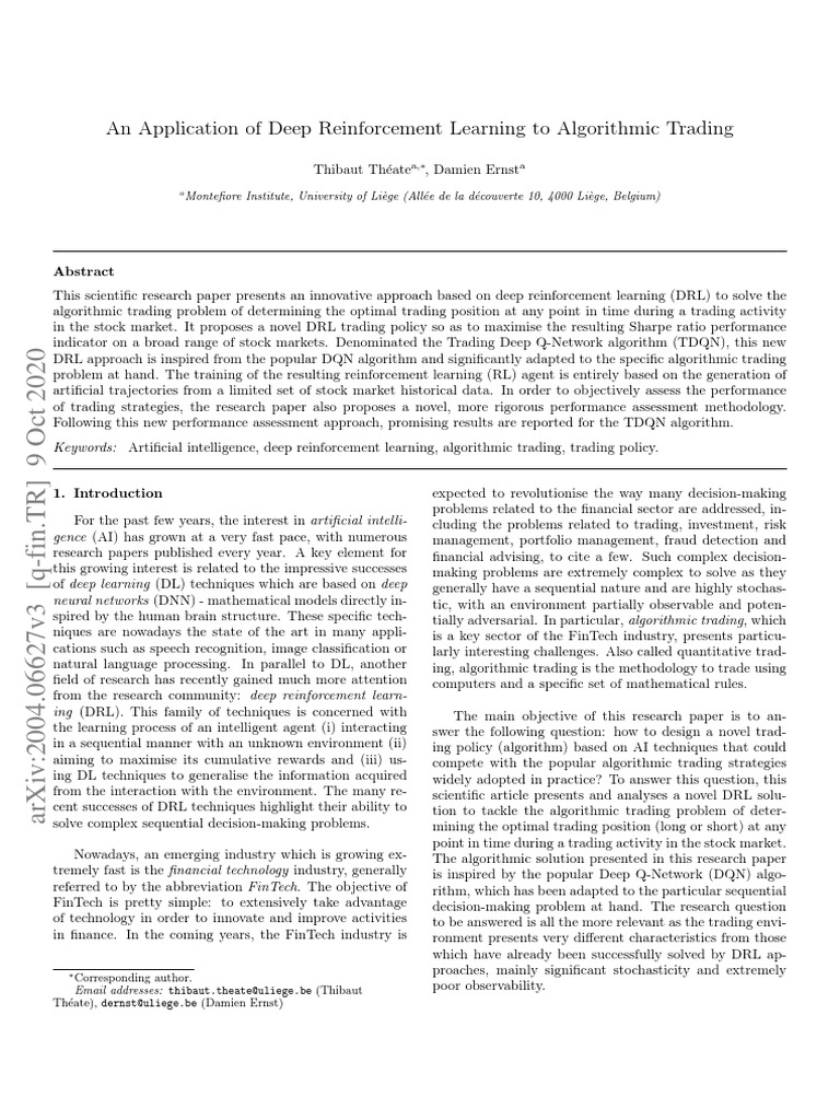 Application of Deep Reinforcement Learning To Algo Trading | PDF | Algorithmic Trading ...