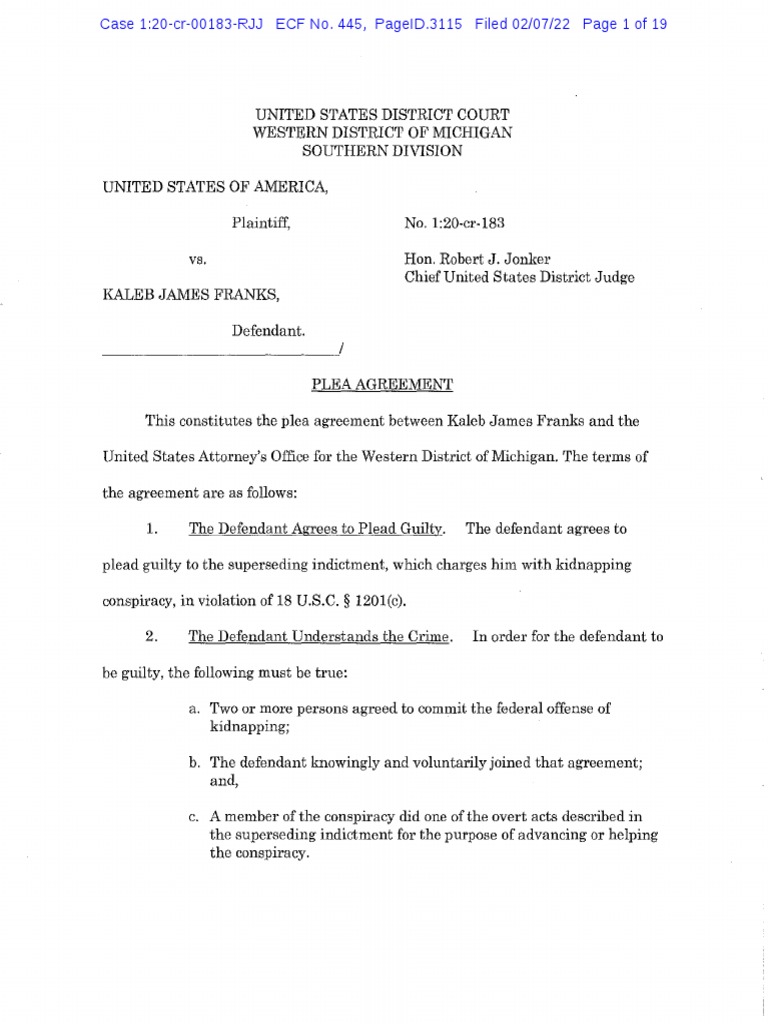 Kaleb Franks Plea Agreement Document | PDF | Asset Forfeiture | Plea