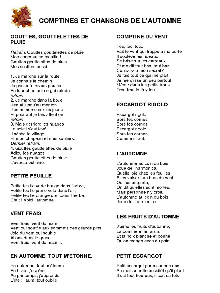 Comptines d'Automne pour Maternelle | PDF | Pomme | Pluie