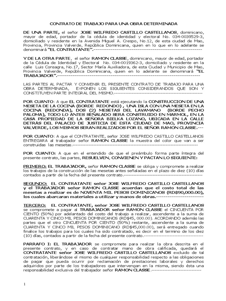 Contrato de Trabajo para Una Obra Determinada | PDF | República Dominicana