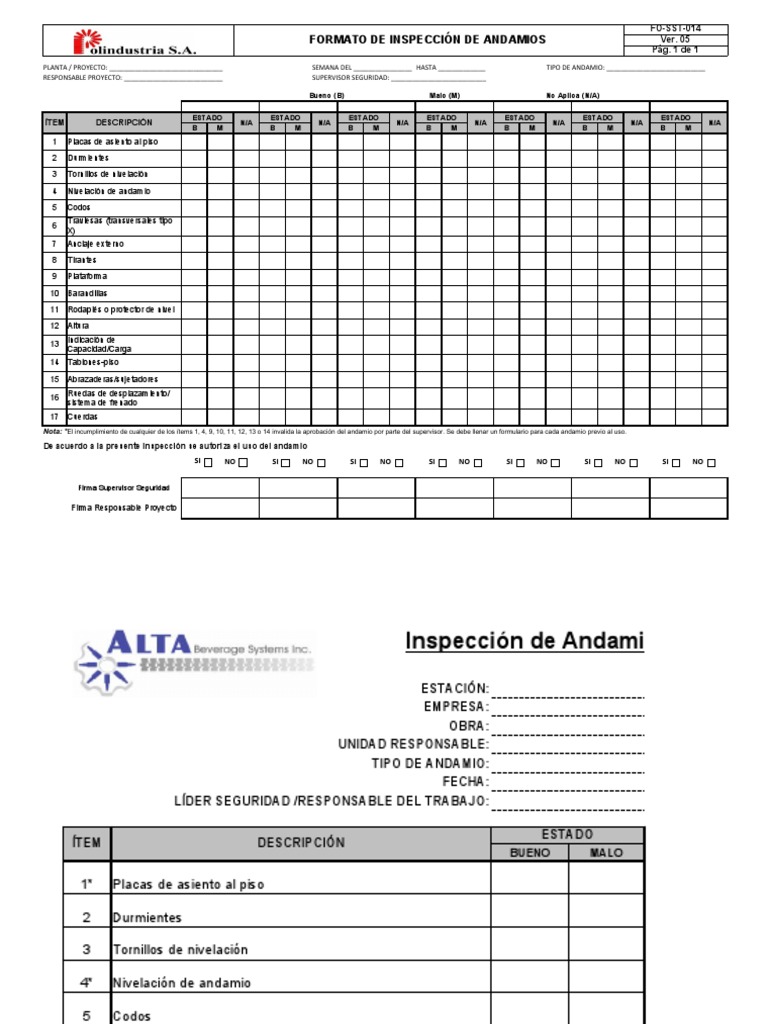 FO-SST-014 Formato de Inspección de Andamio | PDF