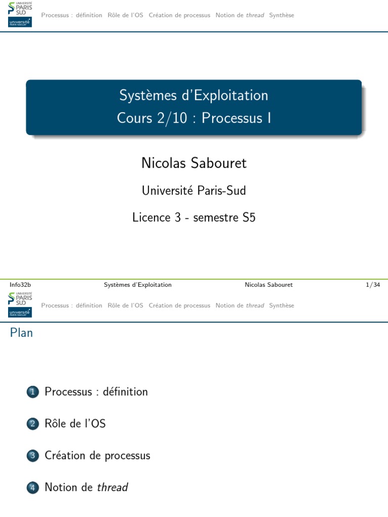 Syst' Emes D'exploitation Cours 2/10: Processus I: Nicolas Sabouret | PDF | Programmation ...