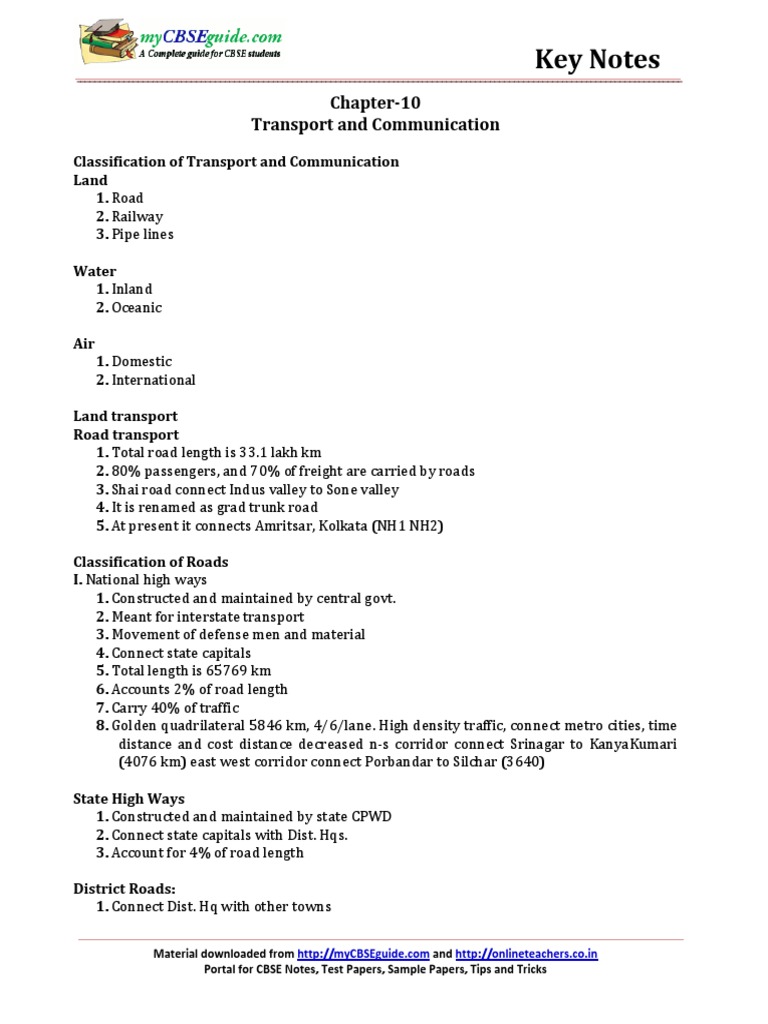 Key Notes: Chapter-10 Transport and Communication | PDF | Transport