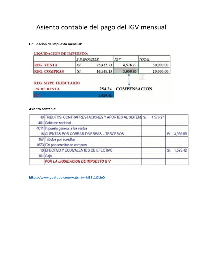 Asiento Contable Del Pago Del IGV Mensual | PDF