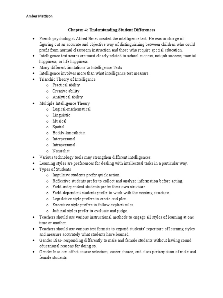 Chapter 4: Understanding Student Differences: Amber Mattison | PDF