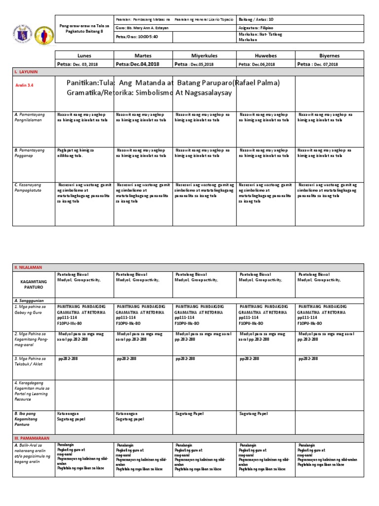 DLL-SA-FILIPINO - Tula Dec.3-6 | PDF