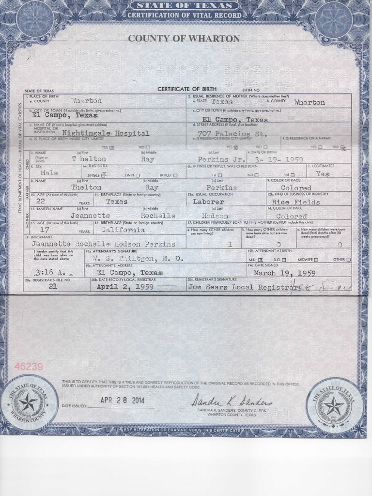 Thelton Ray Perkins Jr. Certificate of Birth El Campo Texas | PDF