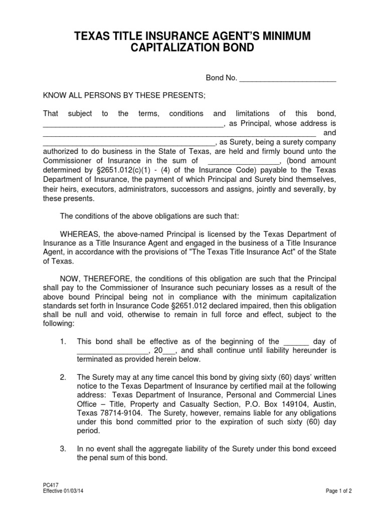 Texas Title Insurance Agent Bond | PDF | Surety | Insurance