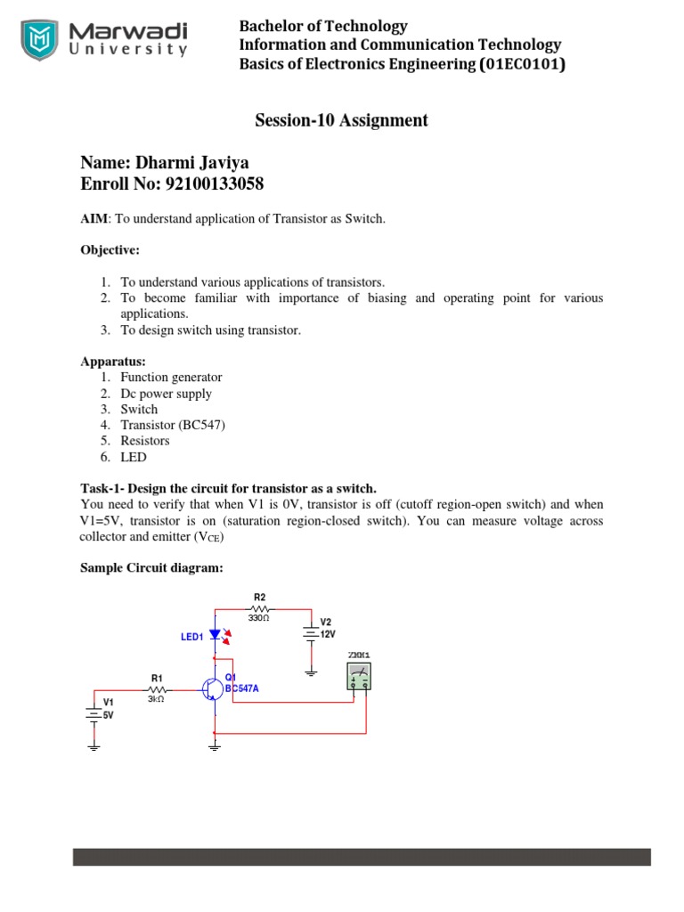 Session-10 Assignment Name: Dharmi Javiya Enroll No: 92100133058 | PDF | Transistor | Electronics