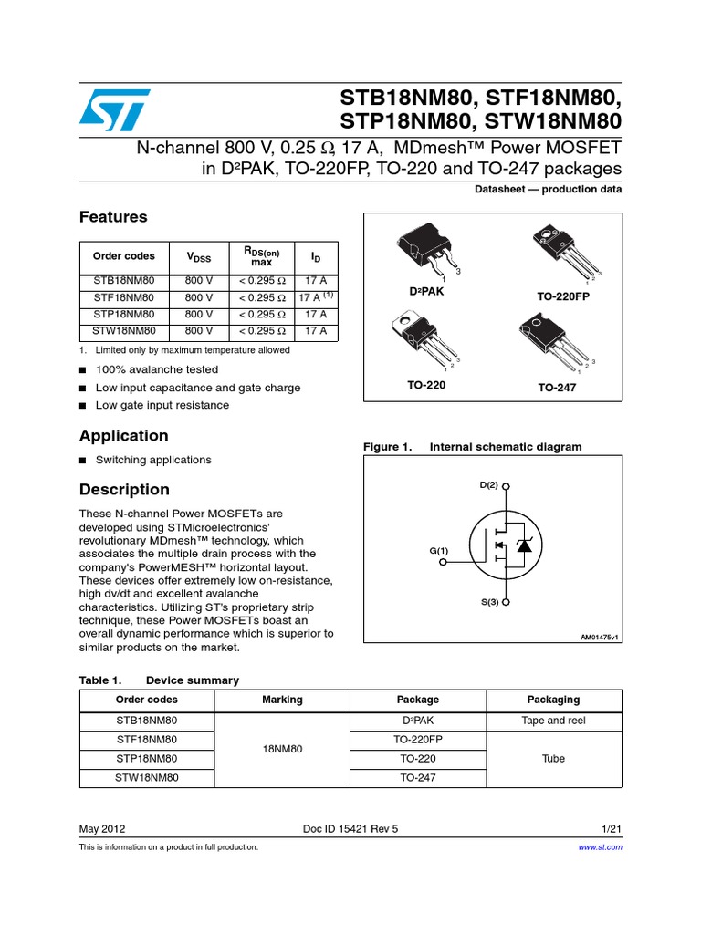 STB18NM80, STF18NM80, STP18NM80, STW18NM80 | PDF | Mosfet | Field ...