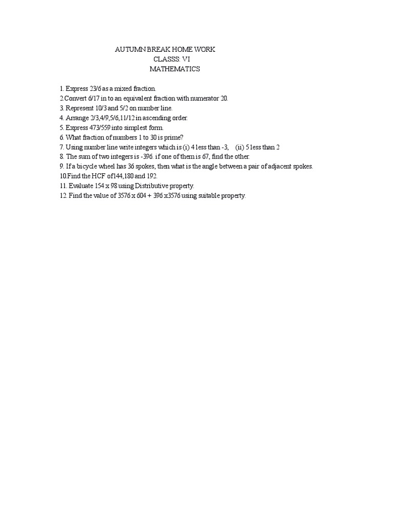 Autumn Break Assignment, Class Vi | PDF