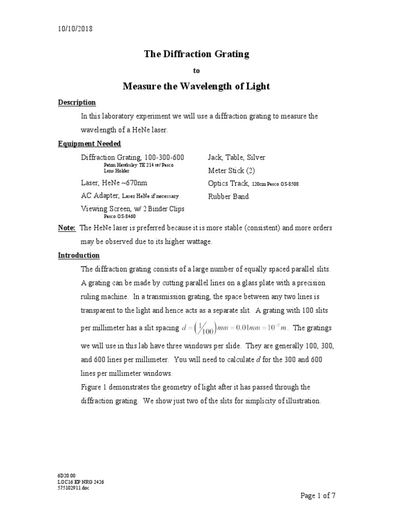 Measure Light Wavelength with Diffraction Grating | PDF | Diffraction | Equations