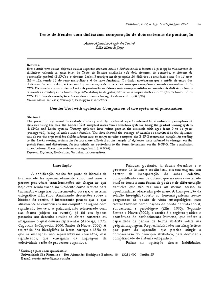 Avaliação do Teste de Bender em Dislexia | PDF | Aprendizado | Psicologia