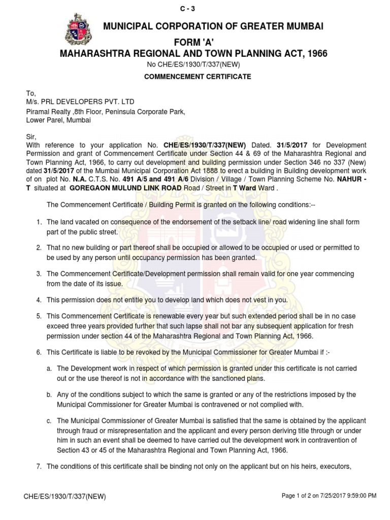 1 Commencement Certificates - NA Order For Plotted Development | PDF ...