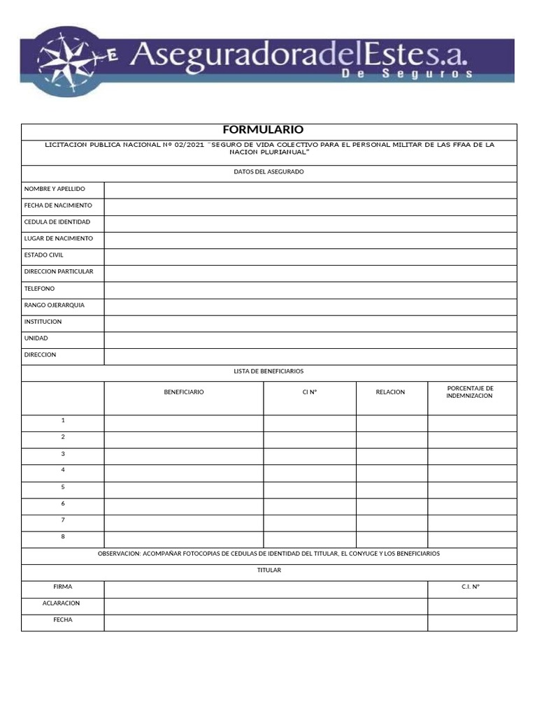 Formulario de Licitación Seguro Vida FFAA | PDF