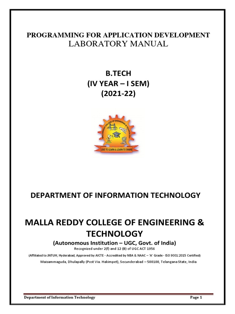 Programming for Application Development Laboratory Manual: An ...