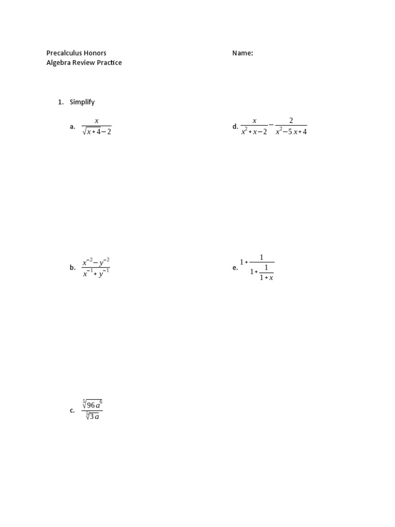 Precalculus Honors Name: Algebra Review Practice | PDF | Logarithm ...