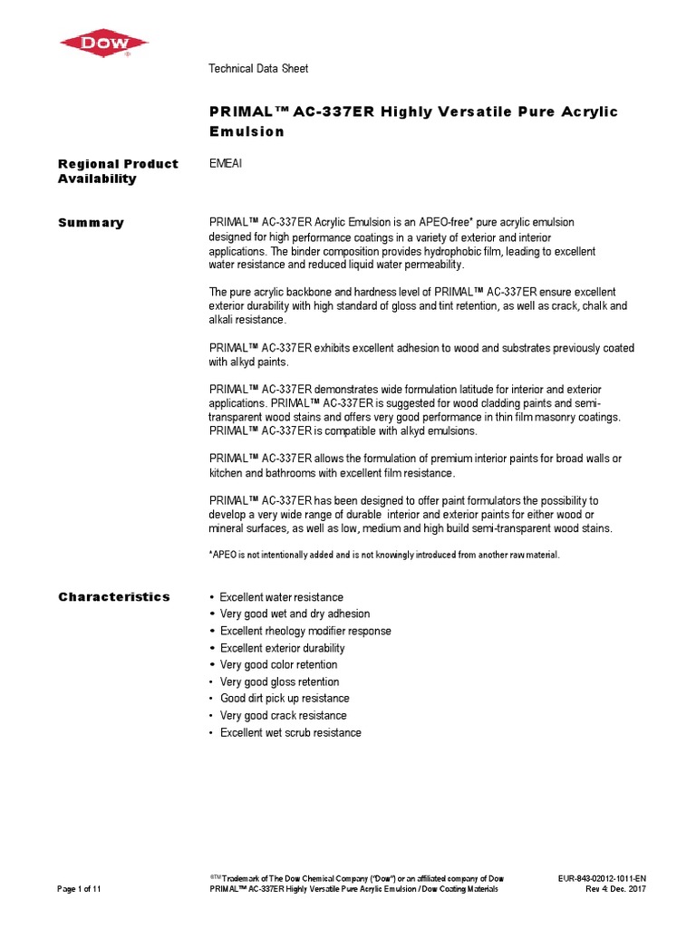 PRIMAL™ AC-337ER Highly Versatile Pure Acrylic Emulsion | PDF | Paint ...