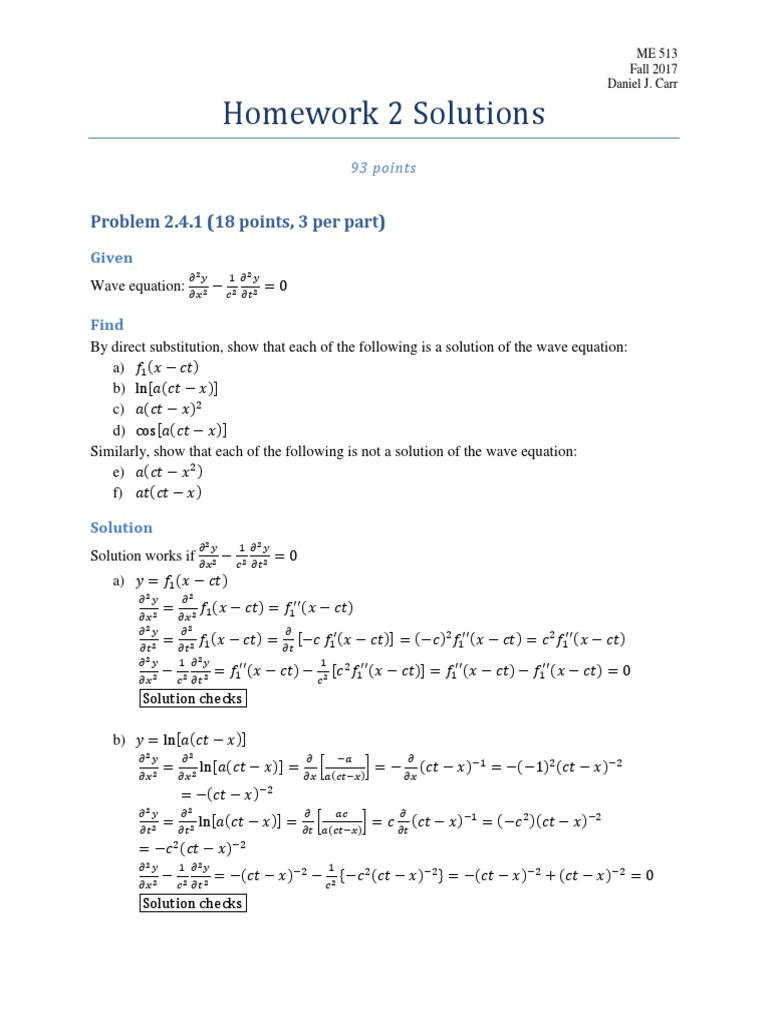 Homework 2 Solutions: Problem 2.4.1 (18 Points, 3 Per Part) | PDF | Waves | Equations