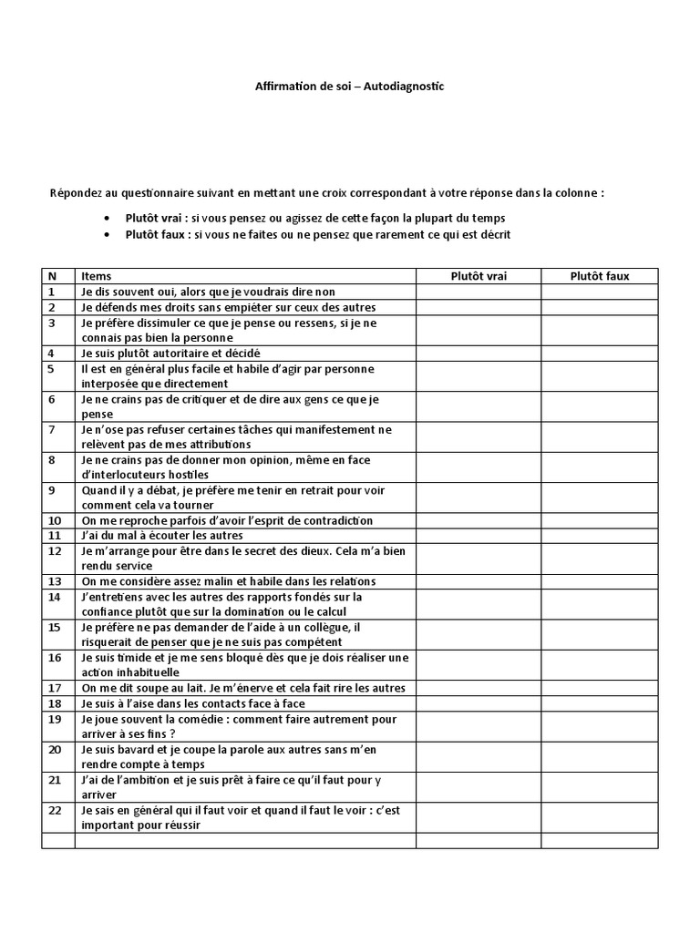 Questionnaire Affirmation de Soi | PDF