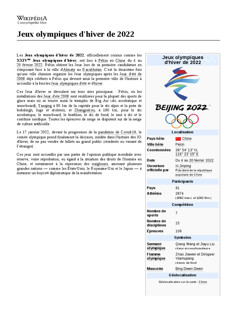 Jeux Olympiques D'hiver de 2022 | PDF | Jeux olympiques d'hiver ...