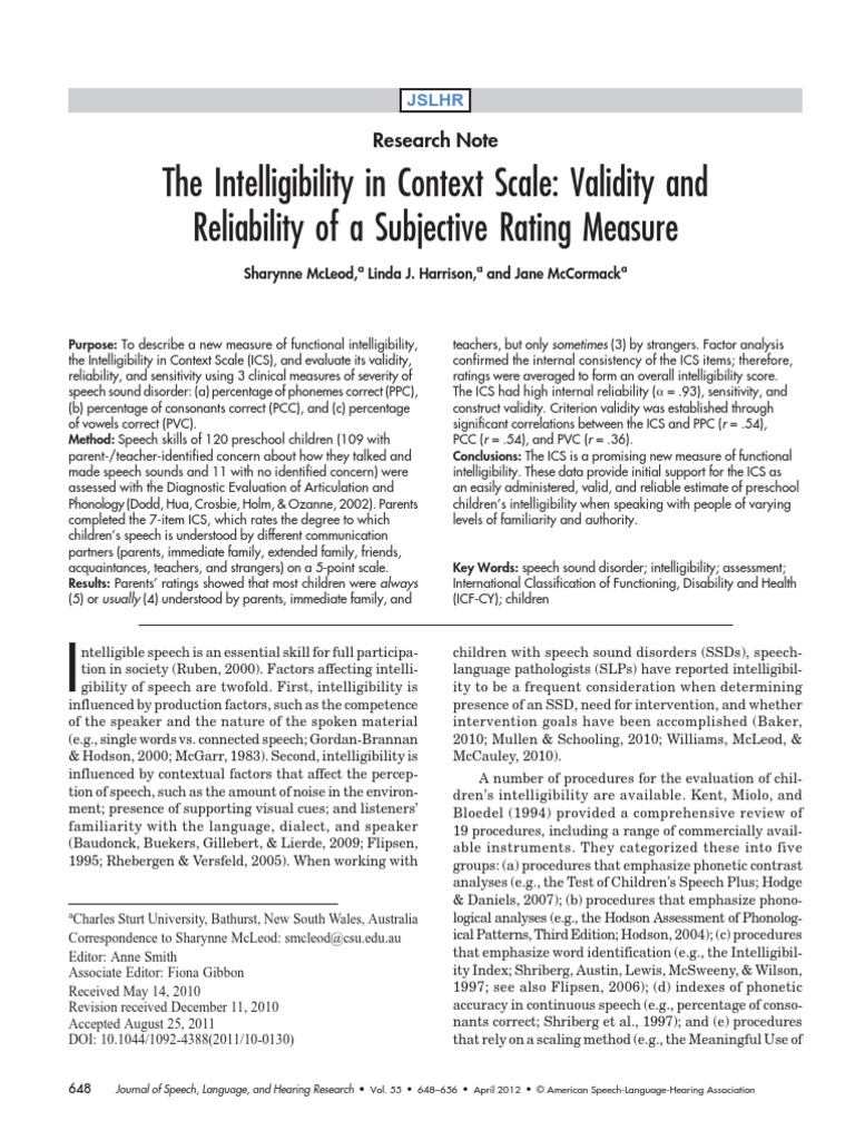 The Intelligibility in Context Scale Validity and Reliability of A ...