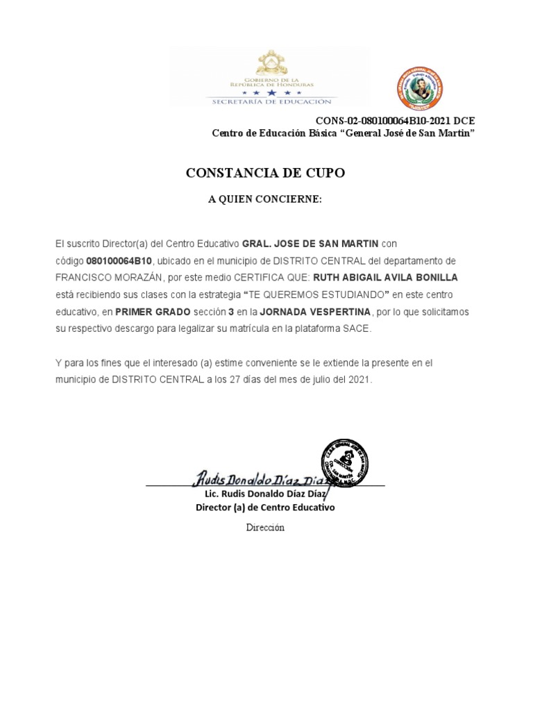 Constancia de Cupo | PDF