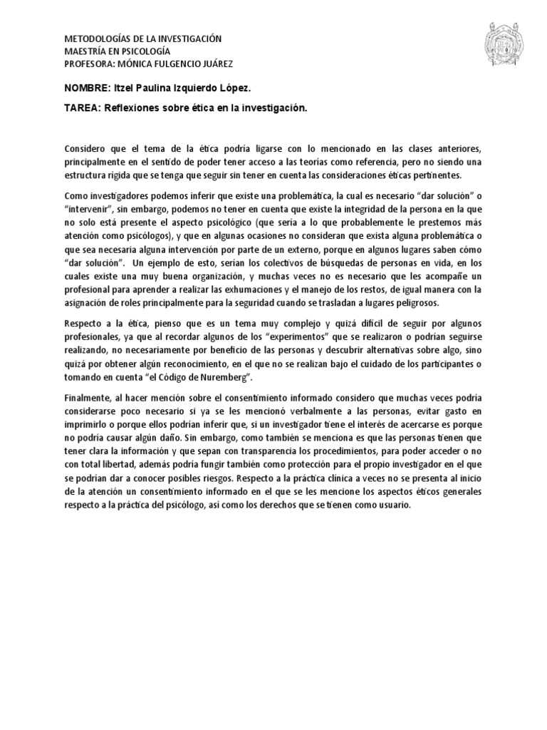 Reflexiones Sobre Tica en La Investigaci N | PDF | Sicología | Consentimiento informado