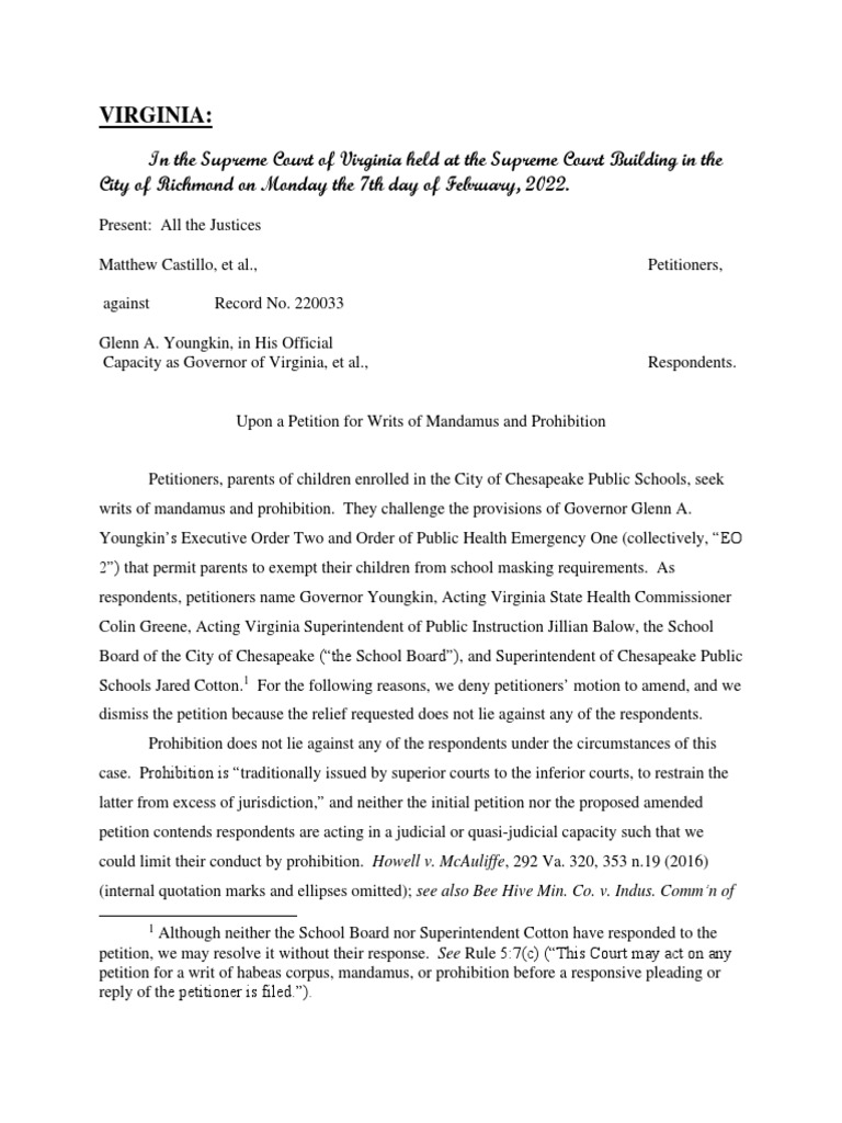 Order Va Supreme Court | PDF | Mandamus | Writ Of Prohibition